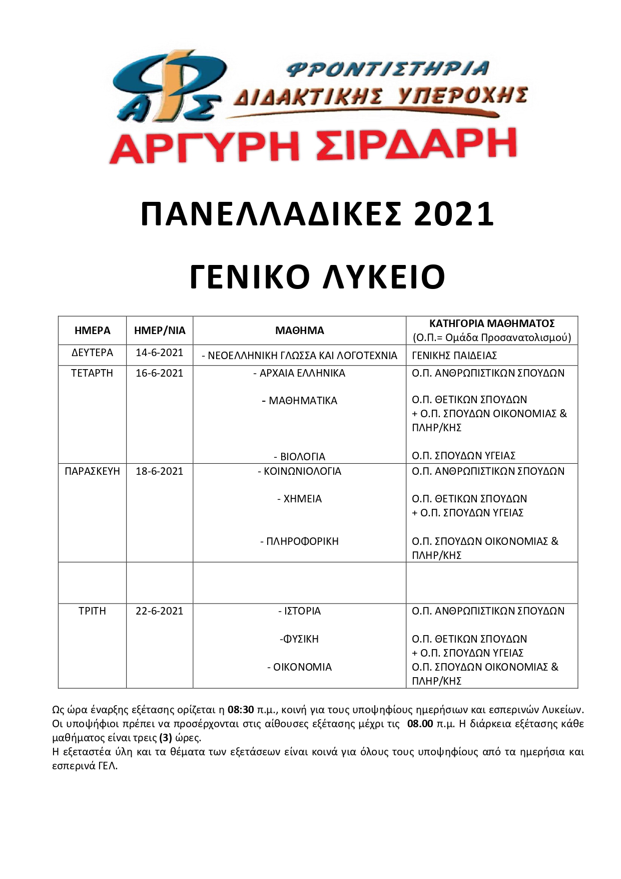 Πρόγραμμα Πανελληνίων 2021 ΓΕ.Λ & ΕΠΑ.Λ – Φροντιστήρια Αργύρη Σιρδάρη